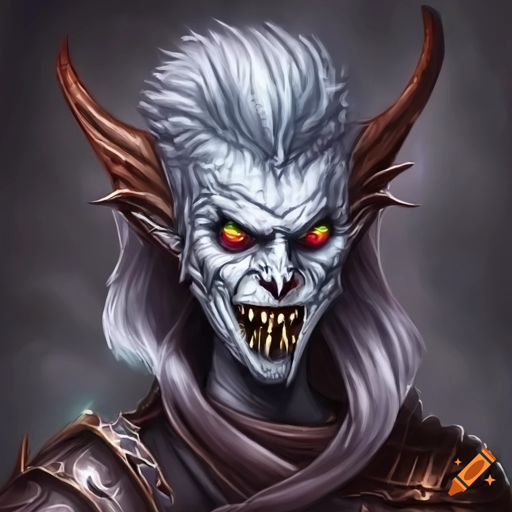 Portrait of a white-skinned vampire lord with large teeth in a dungeon ...