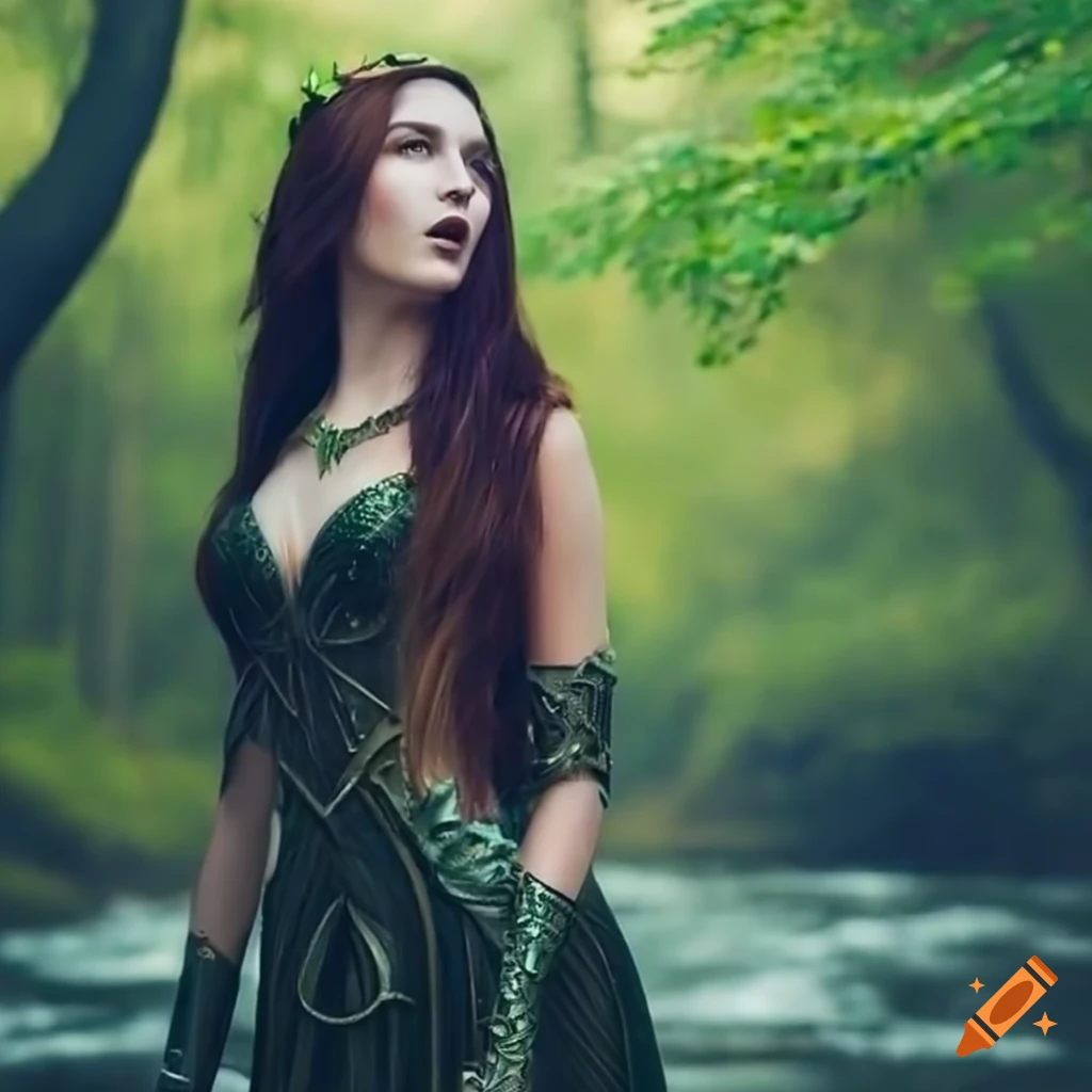 Beautiful elven woman singing by the river in the calm forest on Craiyon