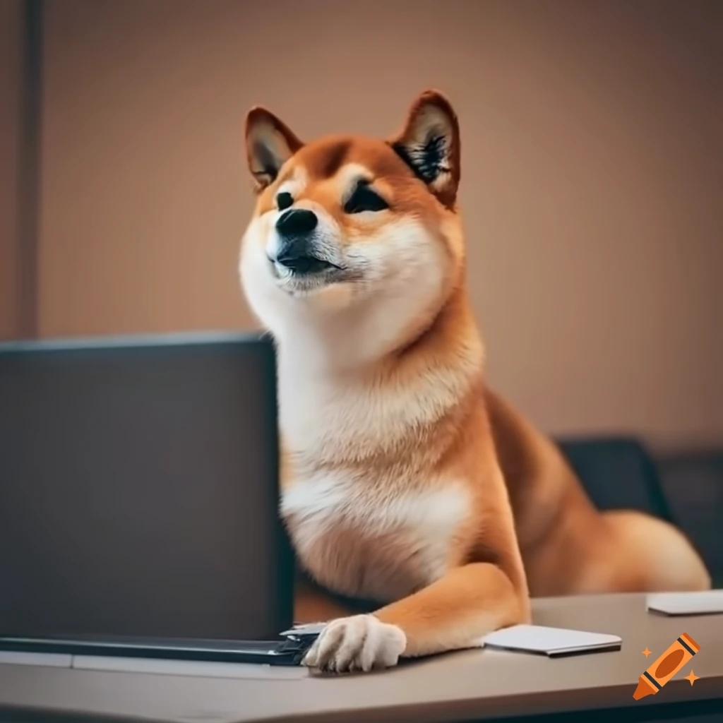 Shiba inu next to a computer in a cozy office on Craiyon