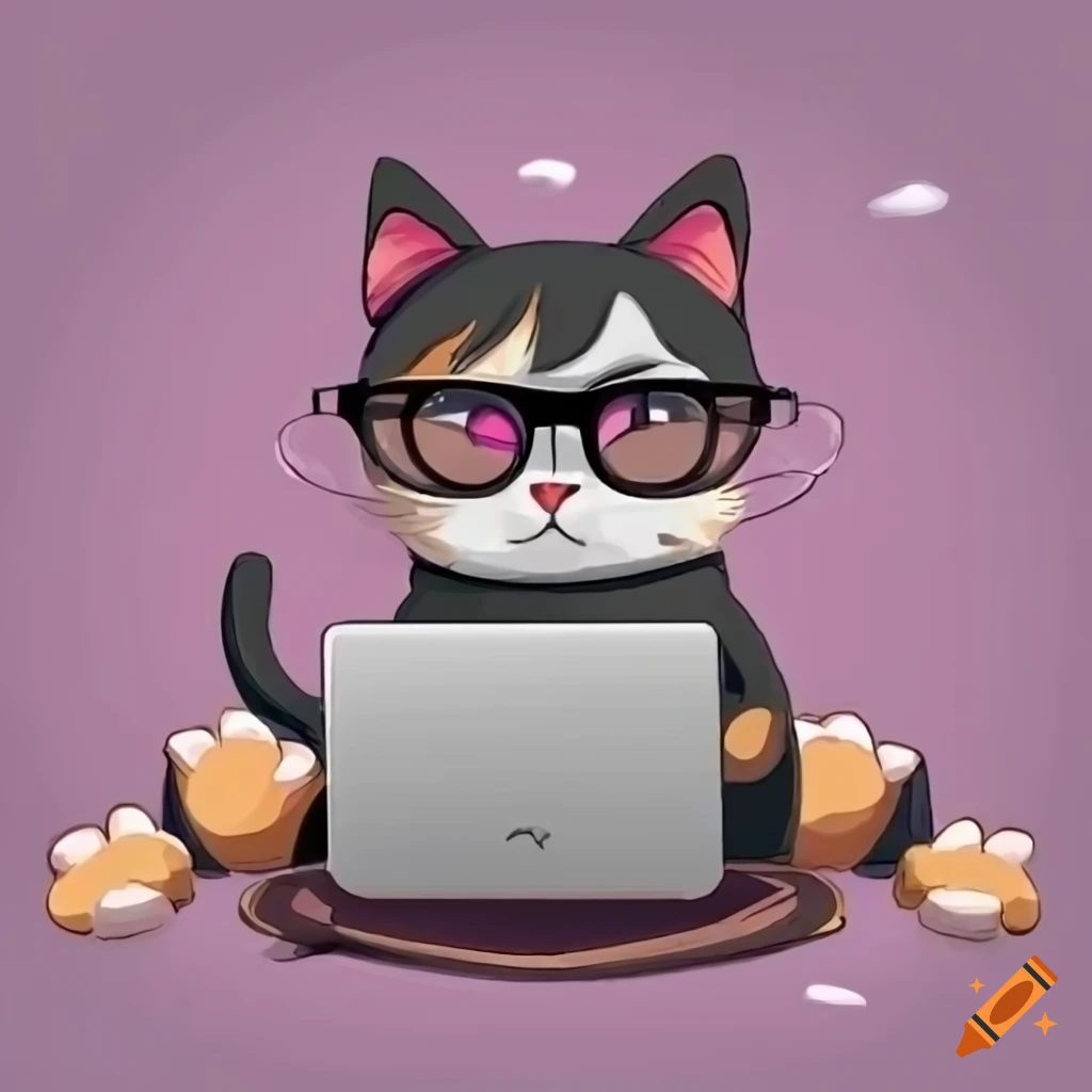 Tricolor cat with glasses sitting with a laptop in cartoon style on Craiyon