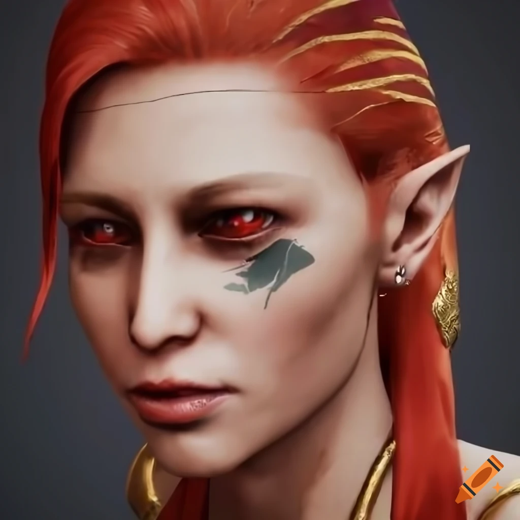 Portrait of etruscan-hittite elf religious woman with golden trident ...