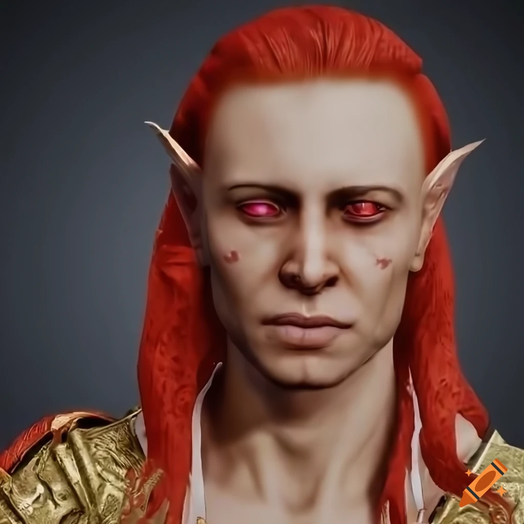 Portrait of Etruscan-Hittite pale-skinned elf religious man with red ...