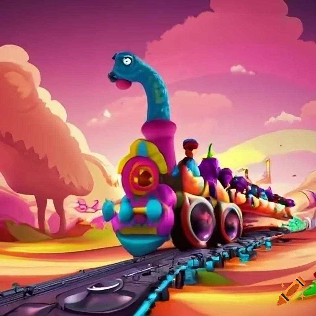 Dj on a train with dinosaurs in a candyland on Craiyon