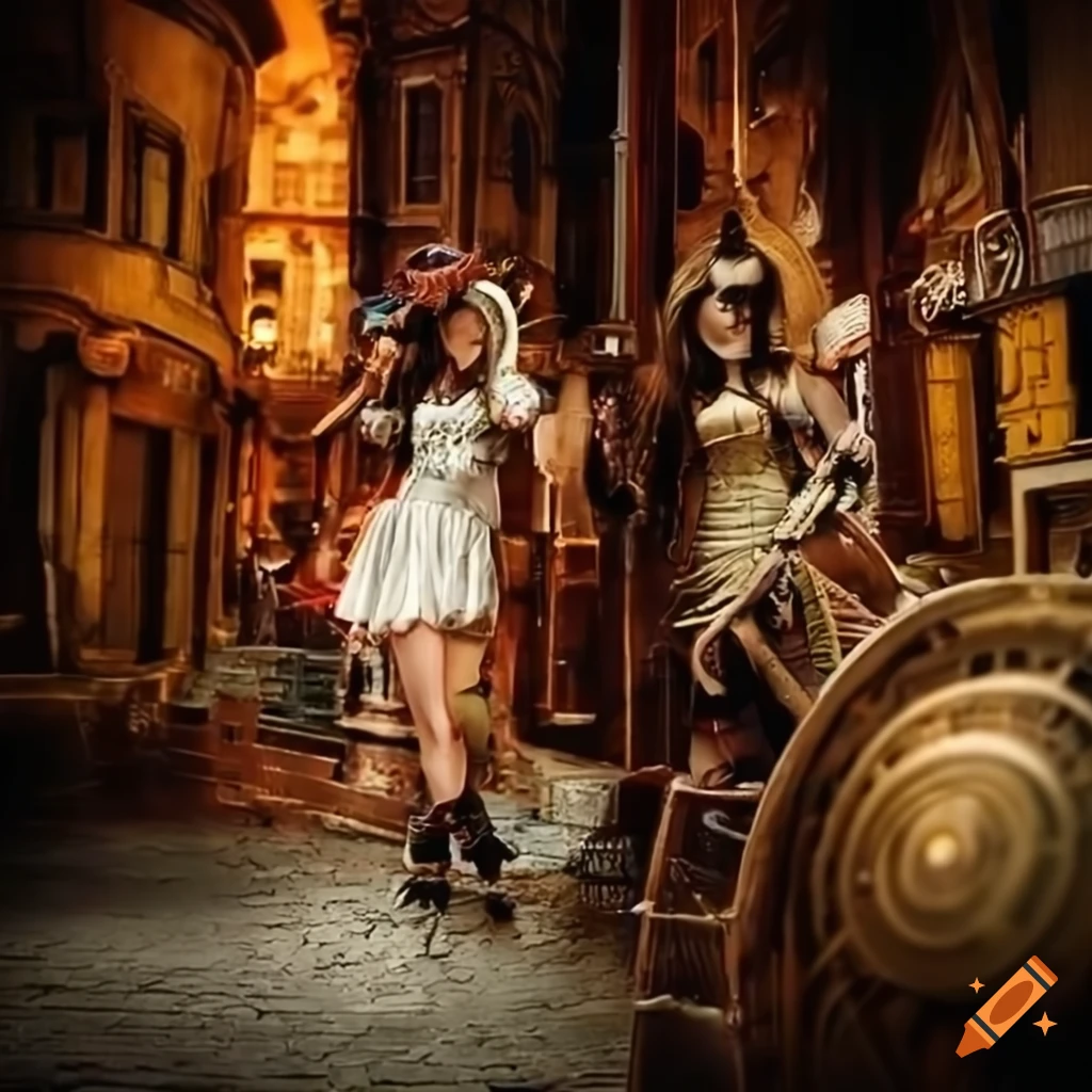 Girls on the clockwork street in a steampunk city on Craiyon