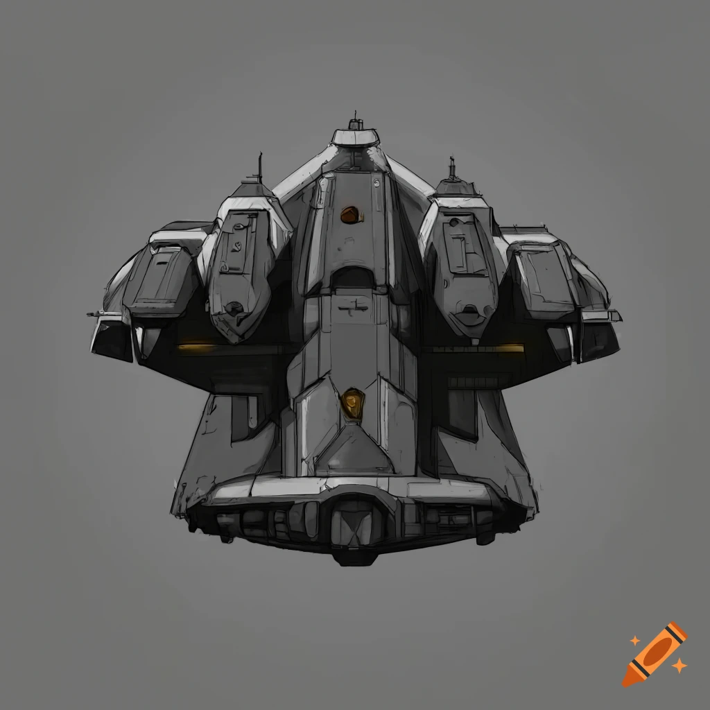 Detailed drawing of a grey industrial spaceship from a top-down ...