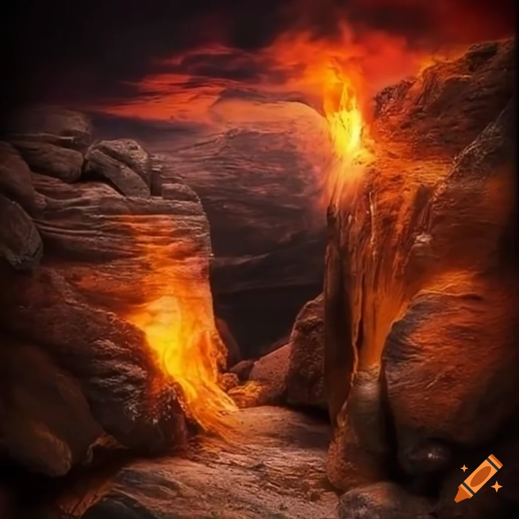 Surreal rocky path with fire on both sides on Craiyon