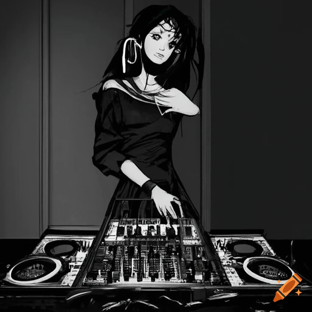 Manga noir depiction of a techno dj on Craiyon