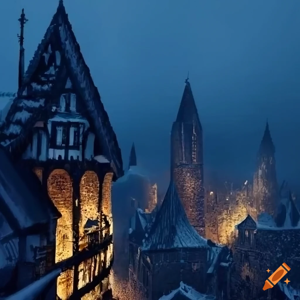Medieval fantasy city in winter at night from above in DnD style by Dan ...