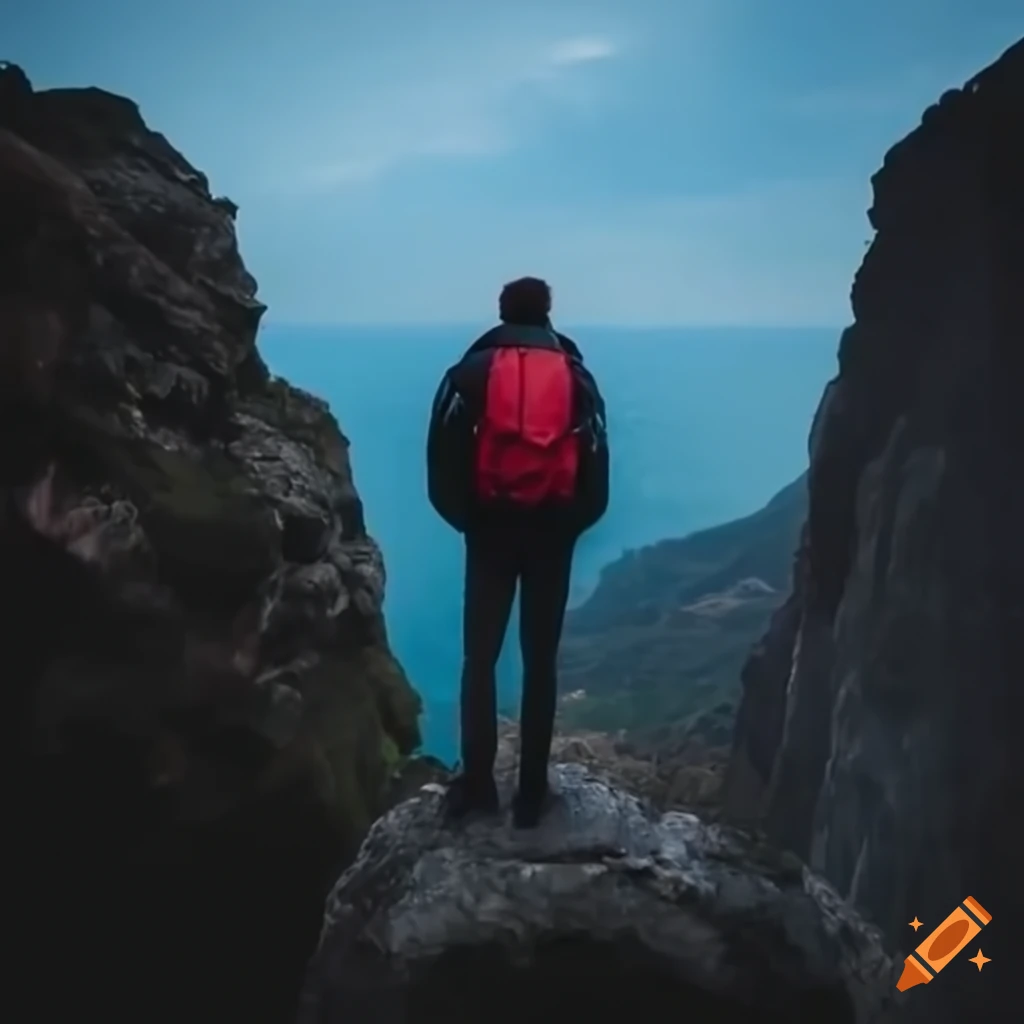 Person standing at cliff with backpack on Craiyon