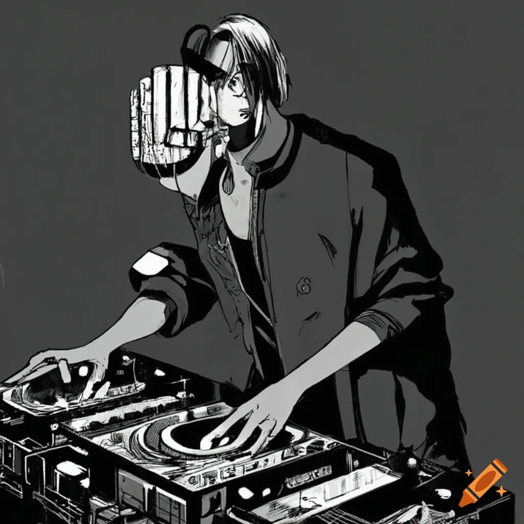 Manga noir depiction of a techno DJ on Craiyon