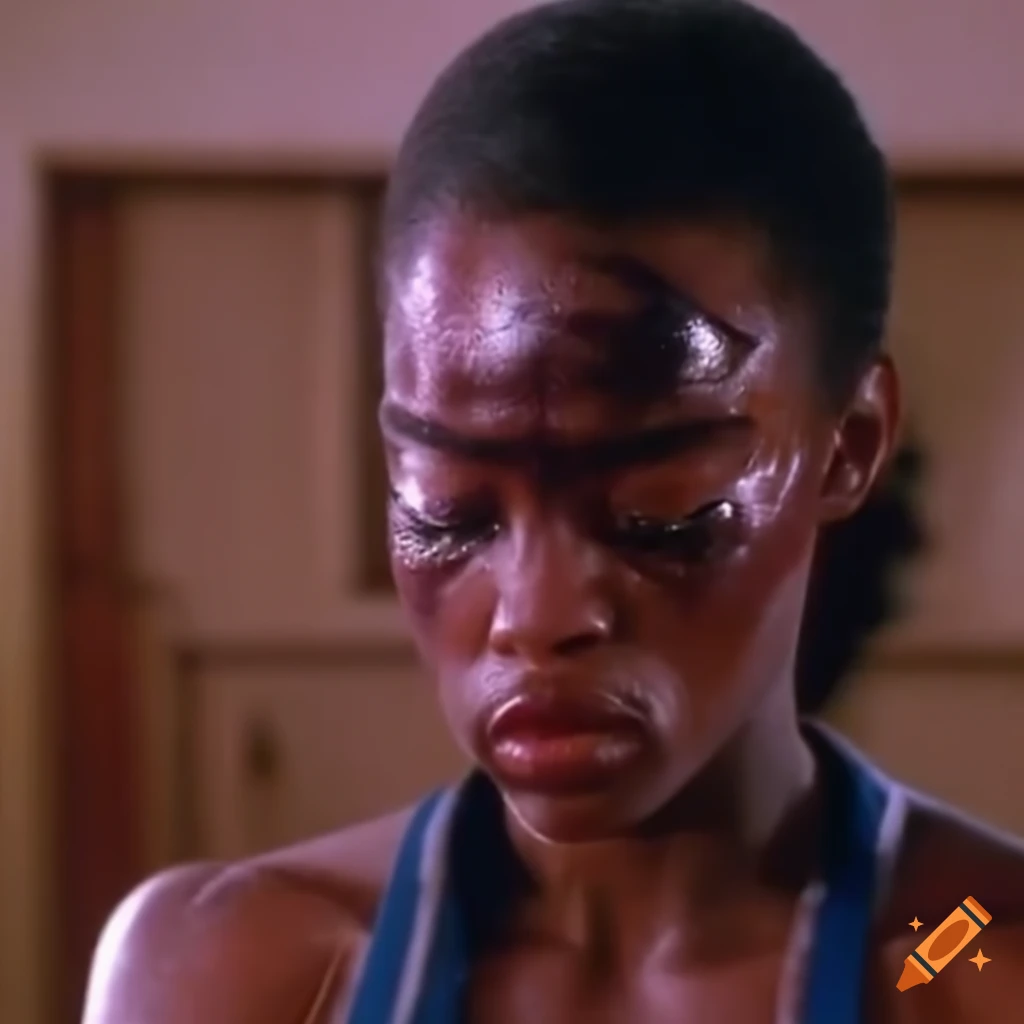 Bruised woman martial fighter with dizzy expression in an 80s movie ...