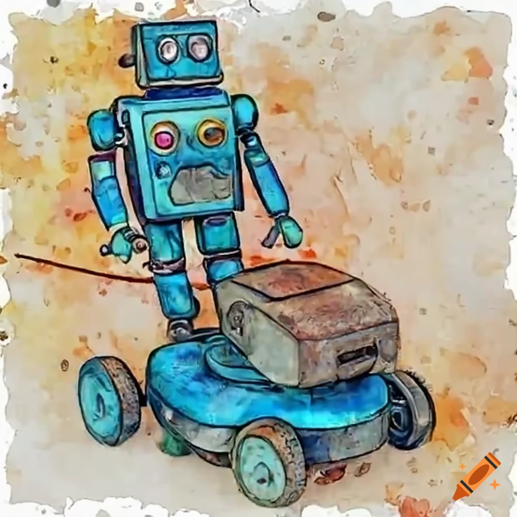 Friendly robot pushing a vintage lawn mower in the yard on Craiyon