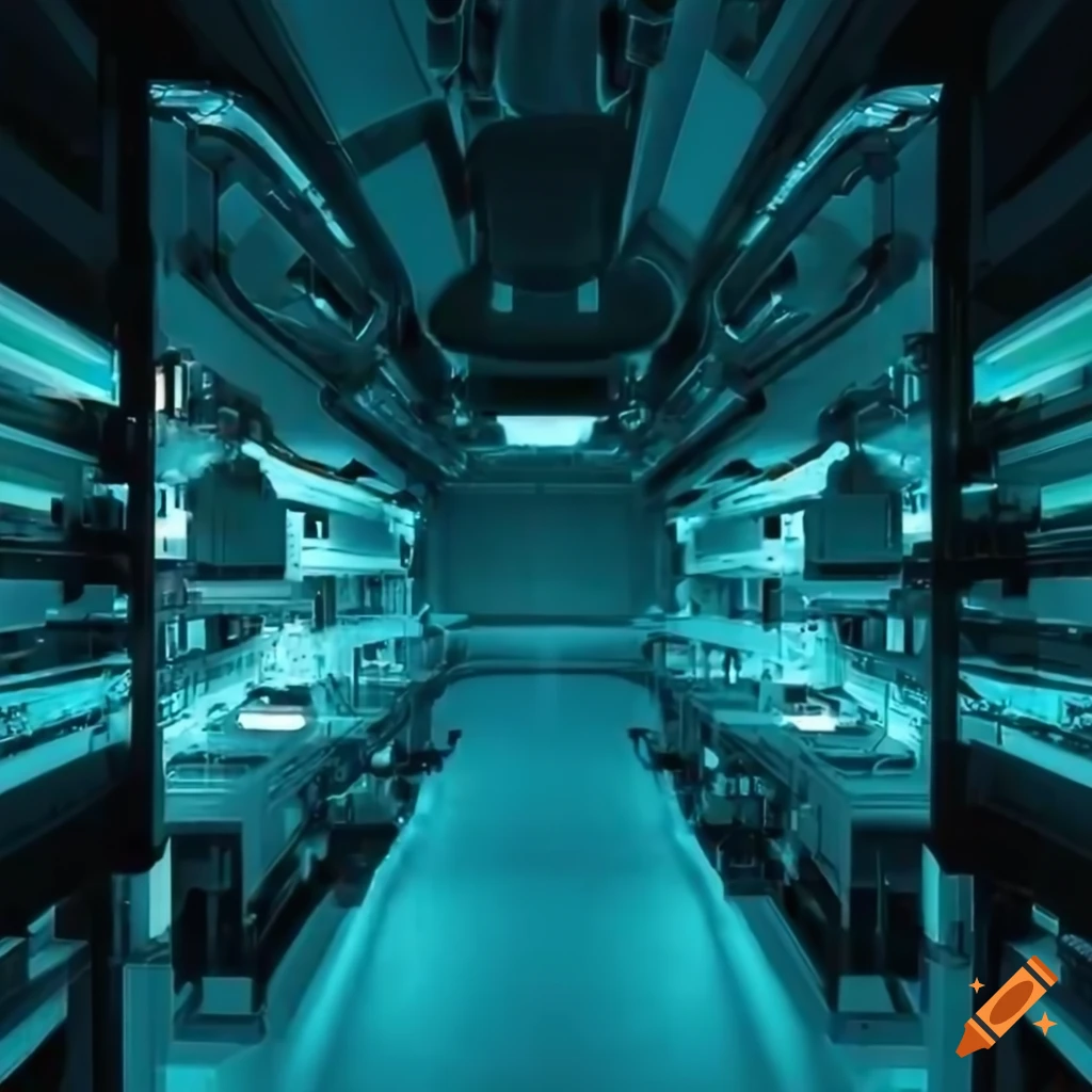 Wide-angle view of a futuristic cloning lab with red tint on Craiyon