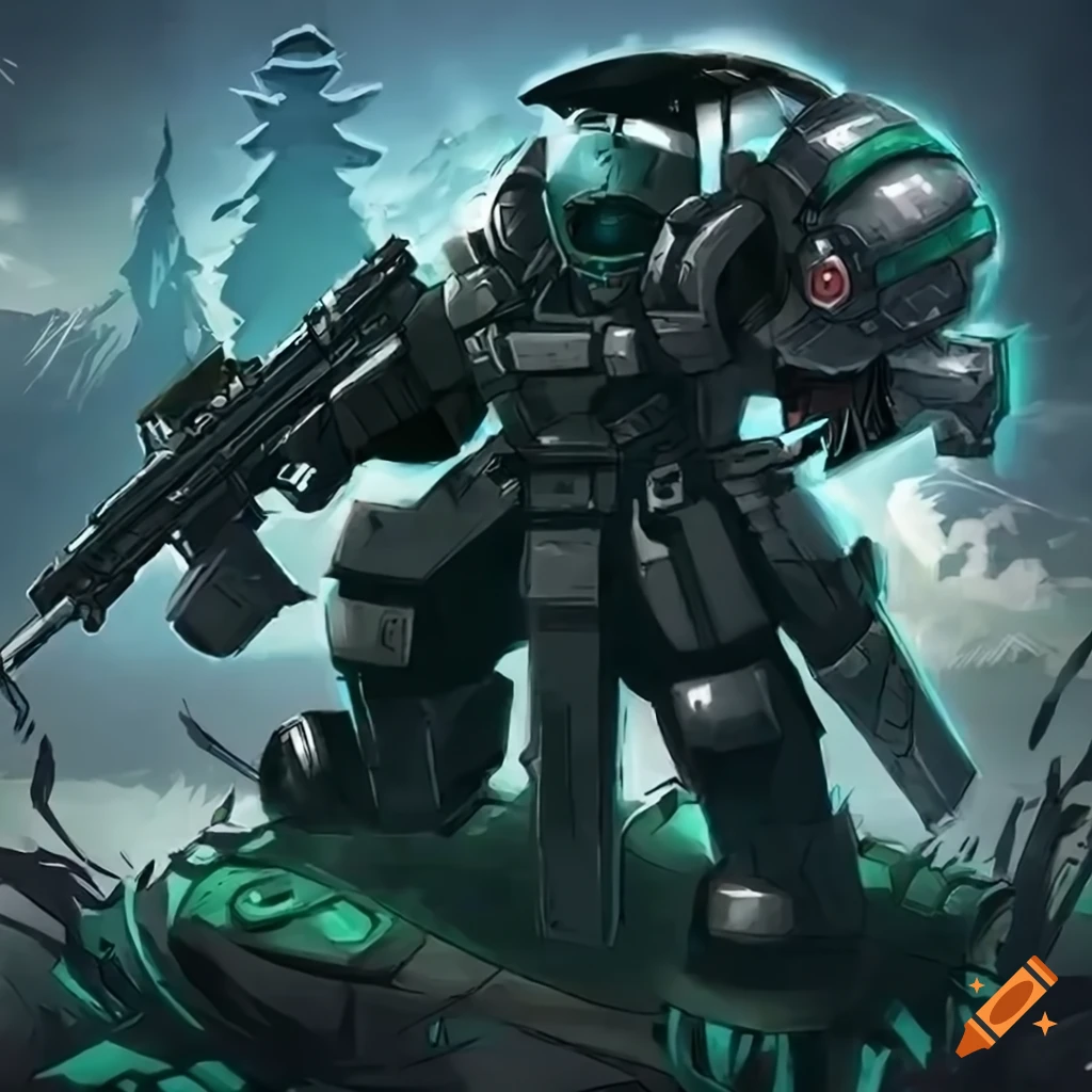 Fantasy anime art of a machine soldier with guns on Craiyon