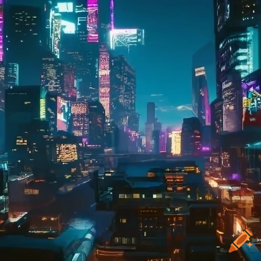 Panoramic view of the night city from cyberpunk 2077 on Craiyon