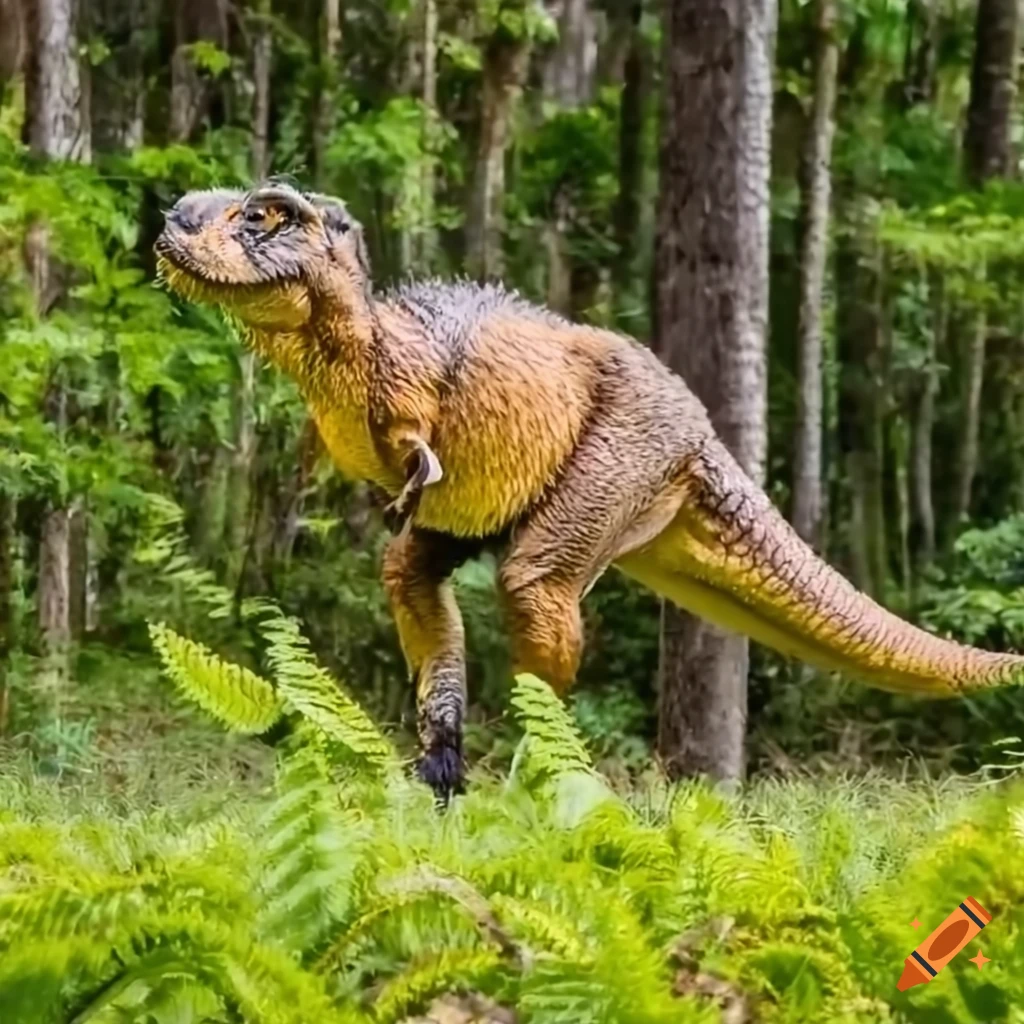 Feathered t-rex with fox color pattern in a Louisiana forest on Craiyon