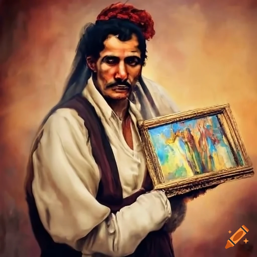 Male gypsy holding two framed paintings at the market on Craiyon