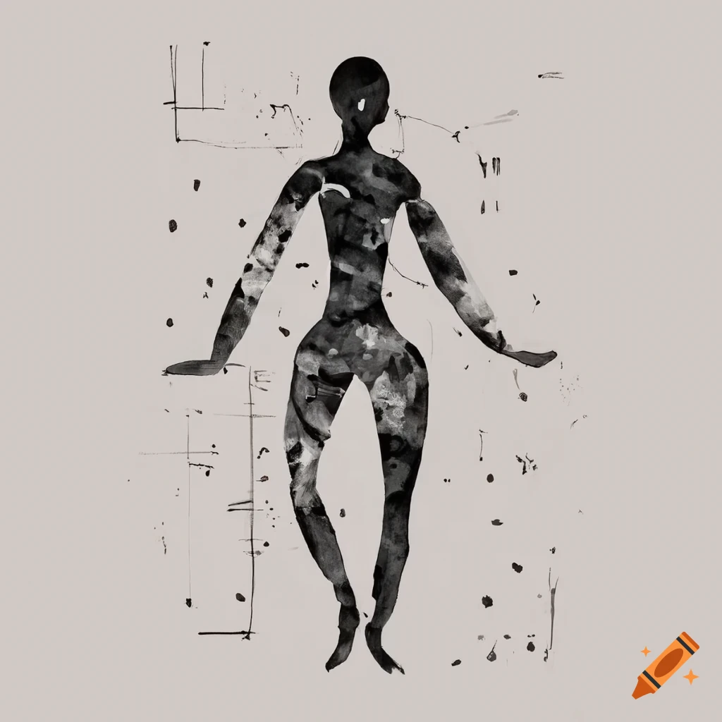 Abstract human figure surrounded by geometric shapes and lines with ...