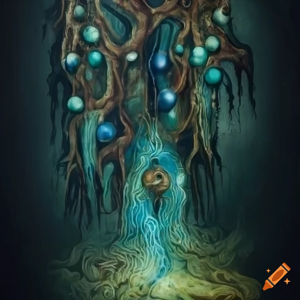 Medieval painting of elemental tree with glass ornaments hanging ...