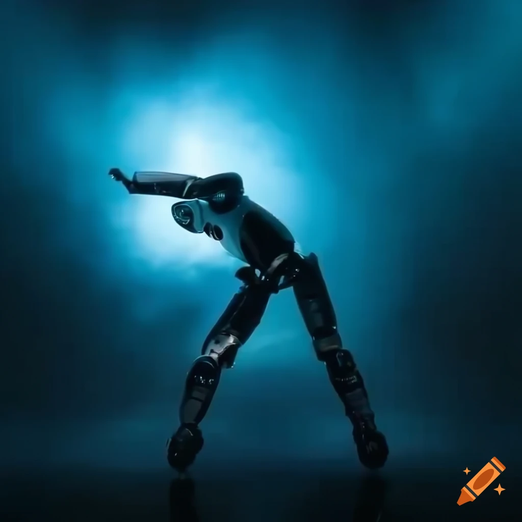 Humanoid robot performing ballet with blue and green stage lights on ...
