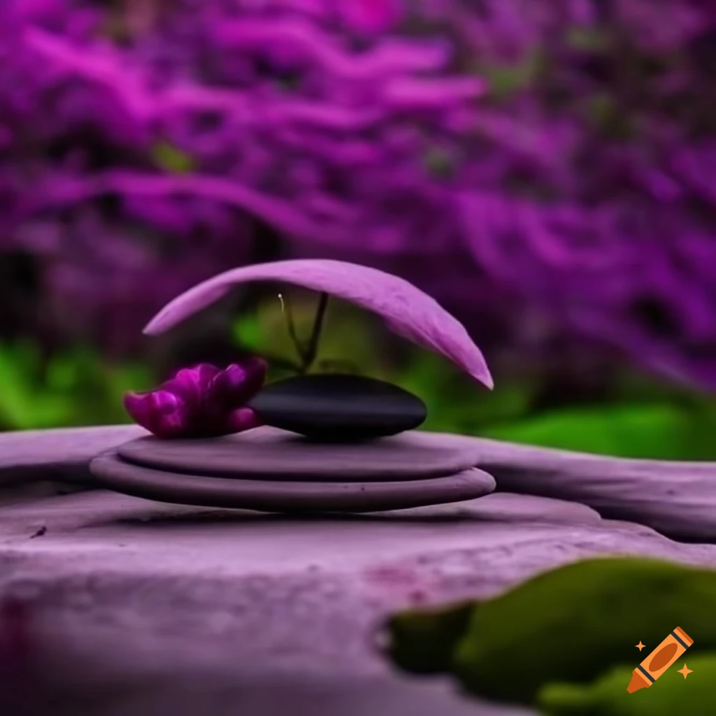 Beautiful zen garden with pink flowers and purple trees on Craiyon