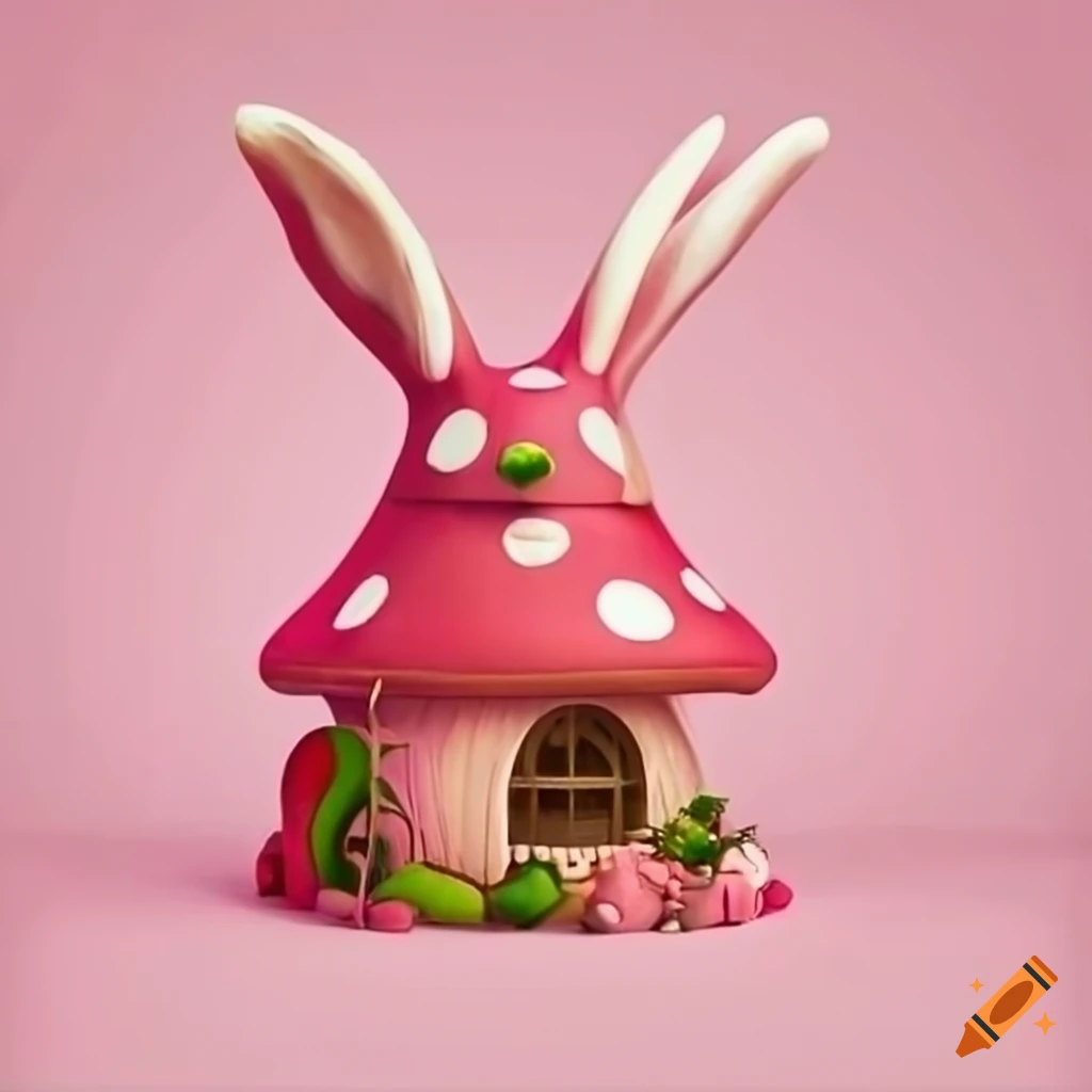 Pink rabbit next to a mushroom house on Craiyon