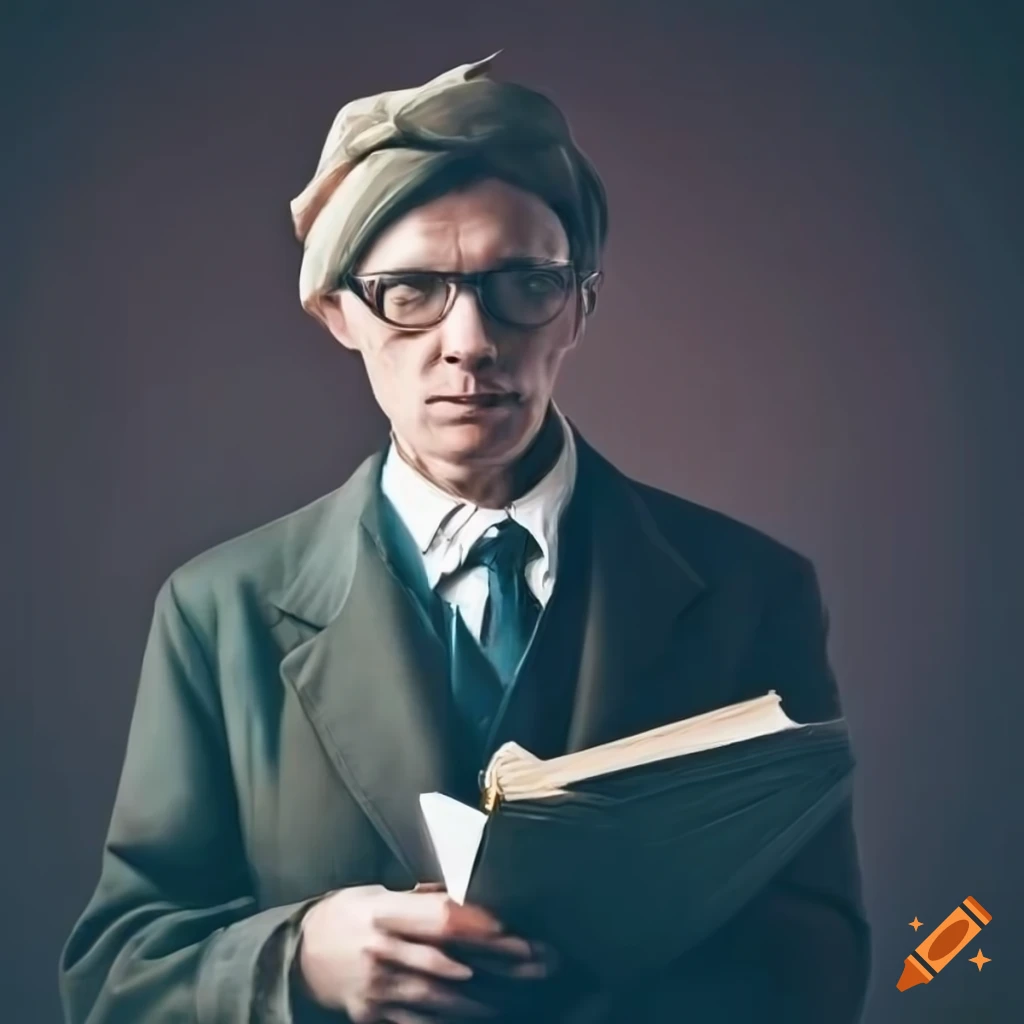 Portrait of an accountant with an account book in an old-fashioned suit ...