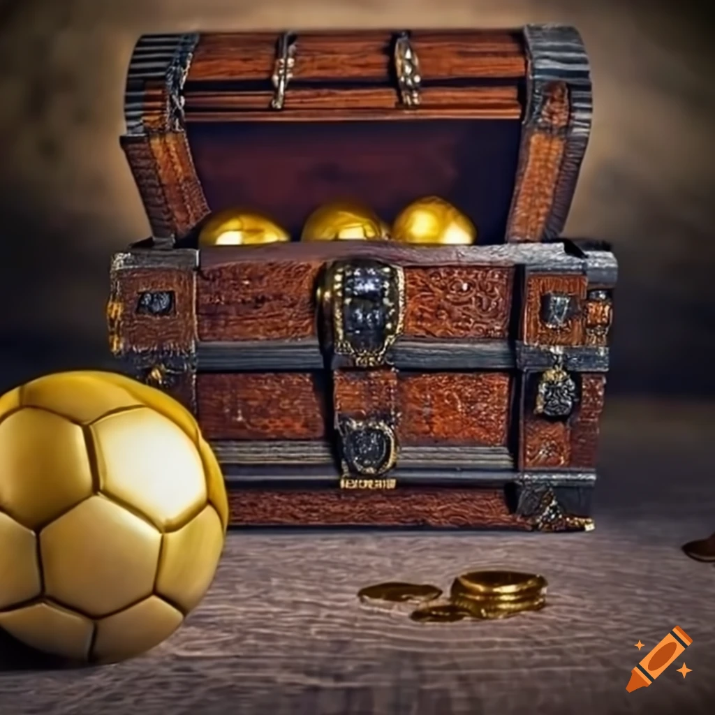 Treasure chest with gold soccer balls and coins in a cave on Craiyon