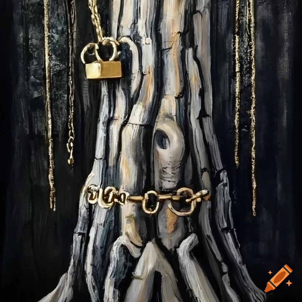 Black and white tree trunk chained with ornate gold links and lock in acrylic painting on Craiyon