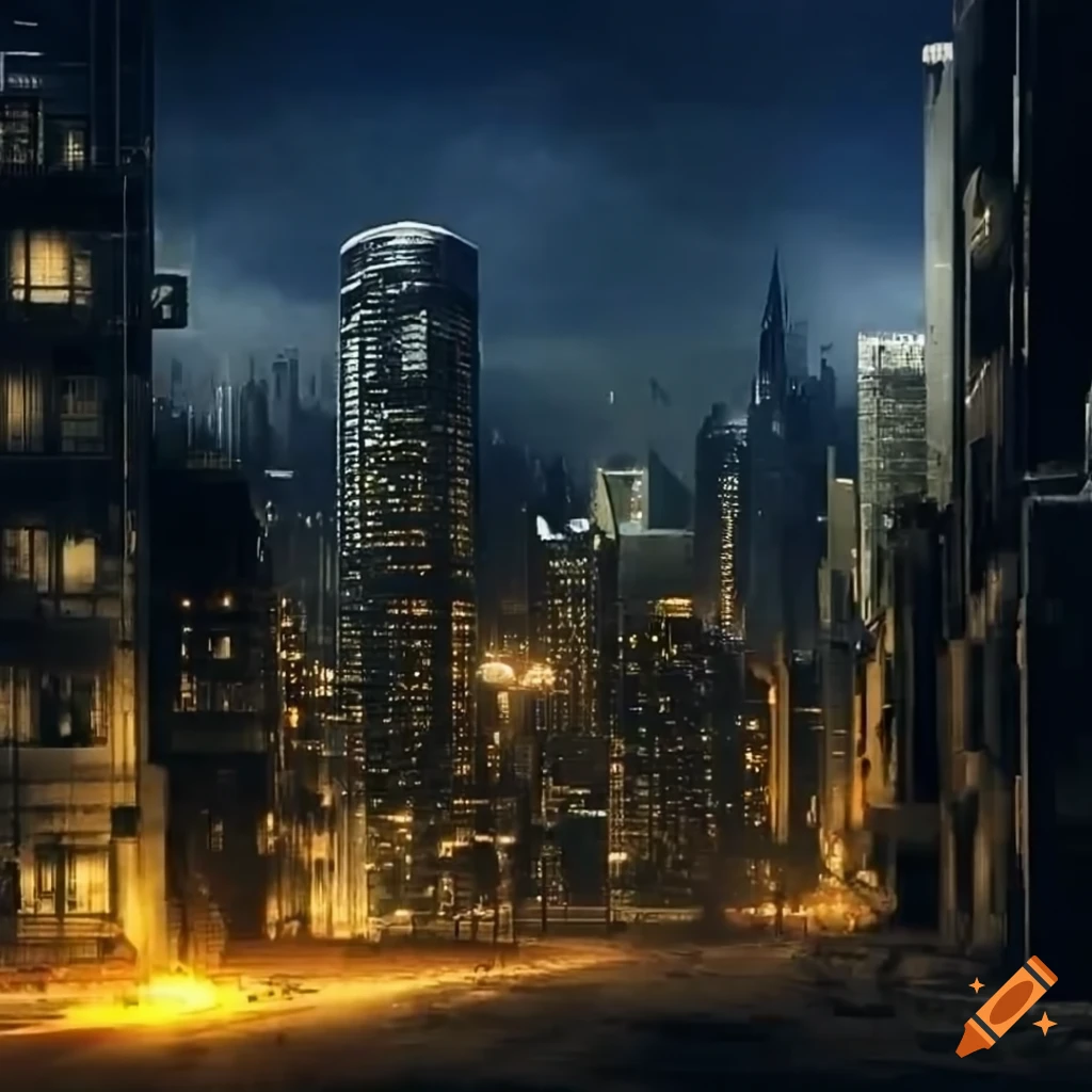 Night time view of a dystopian city on Craiyon