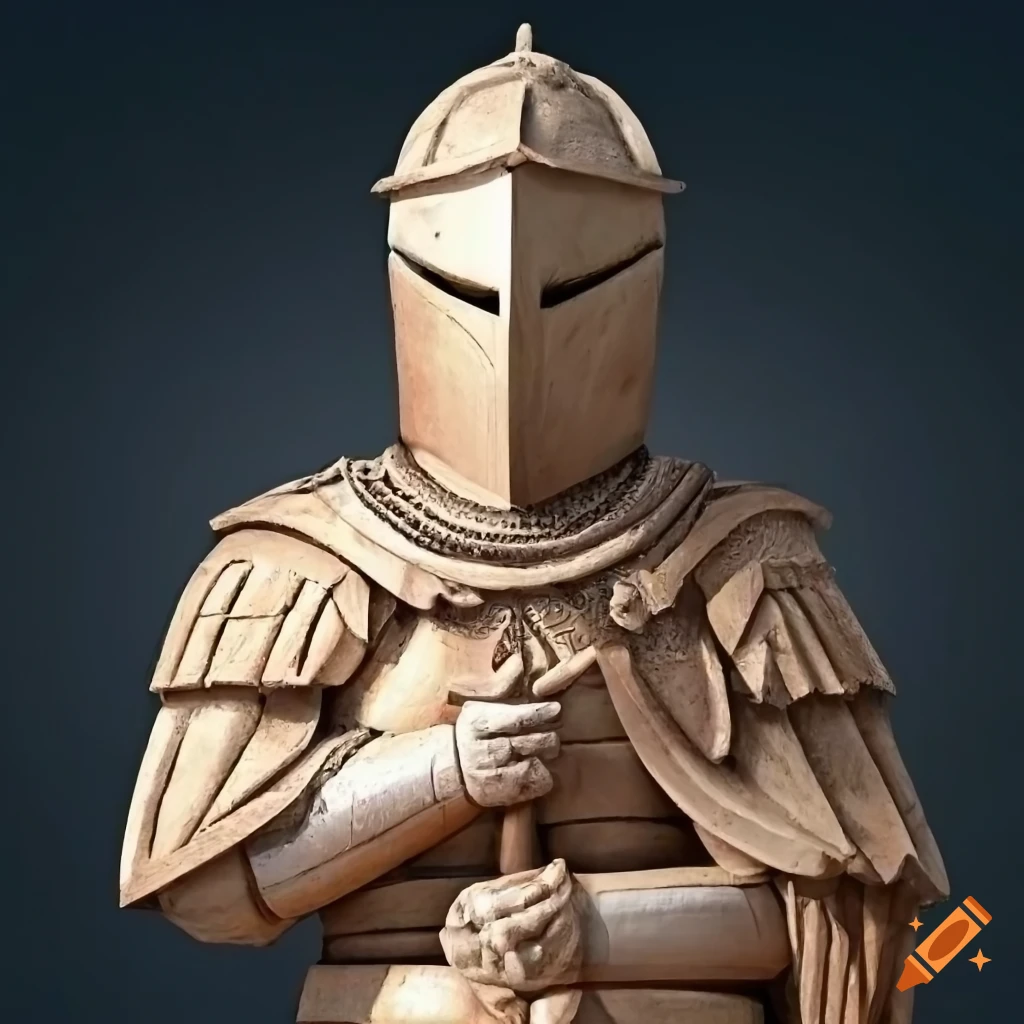 Highly detailed wooden knight statue in a stone alcove on Craiyon