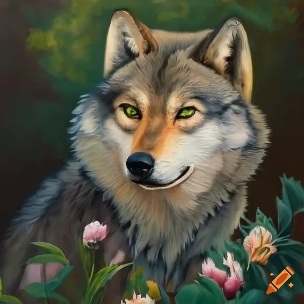 Realistic painting of a kind wolf walking with peonies in the ...