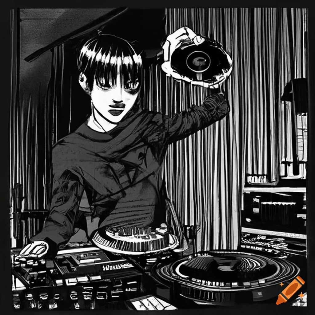 Manga noir depiction of a techno dj on Craiyon