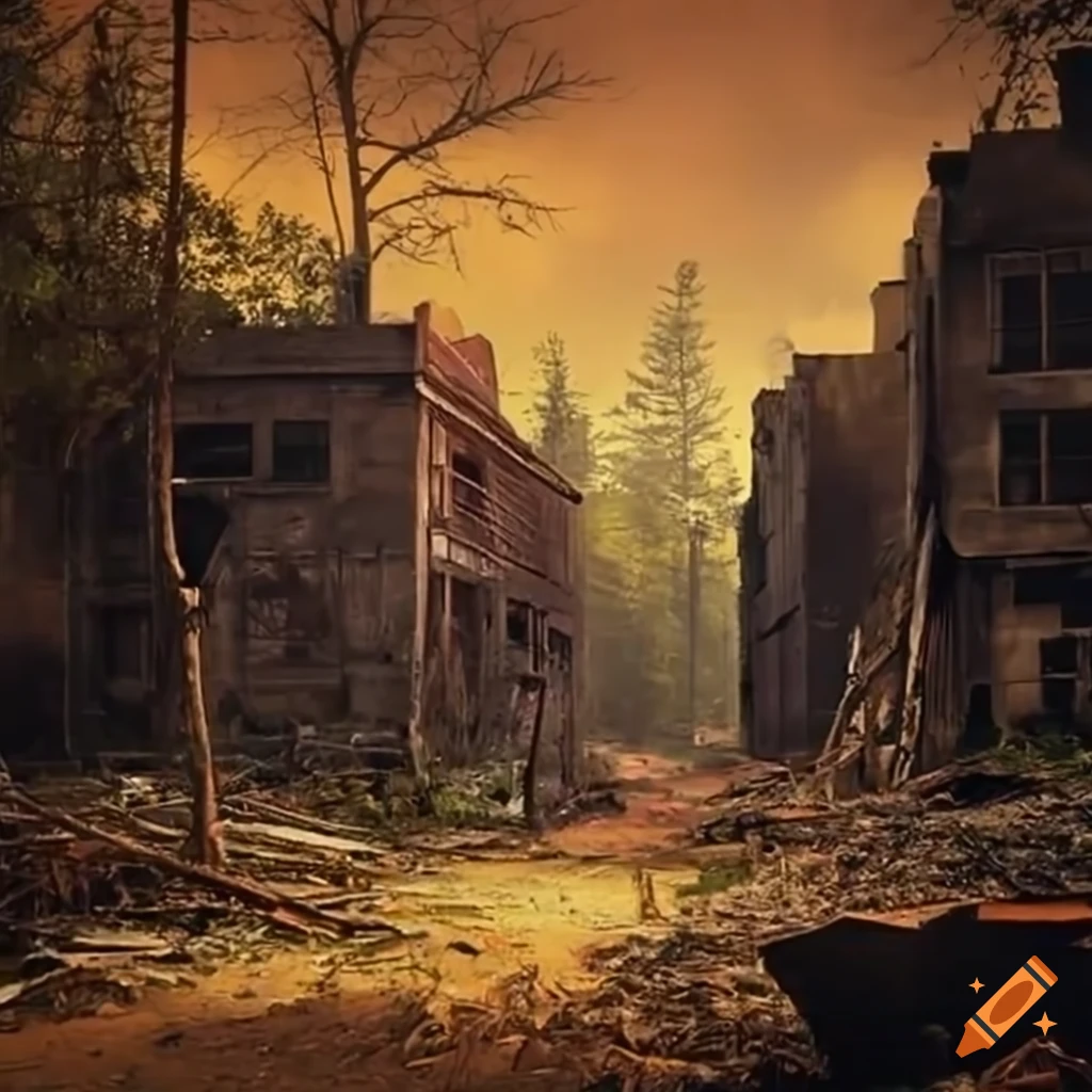 Post-apocalyptic town ruins in a forest setting on Craiyon