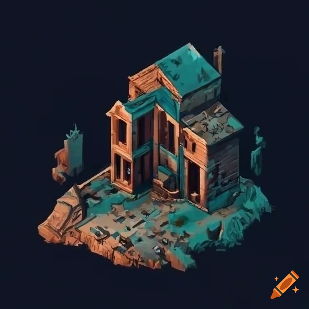 Isometric view of an abandoned house on Craiyon