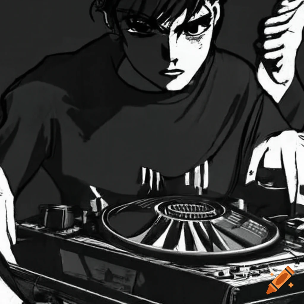 Manga noir depiction of a techno dj on Craiyon