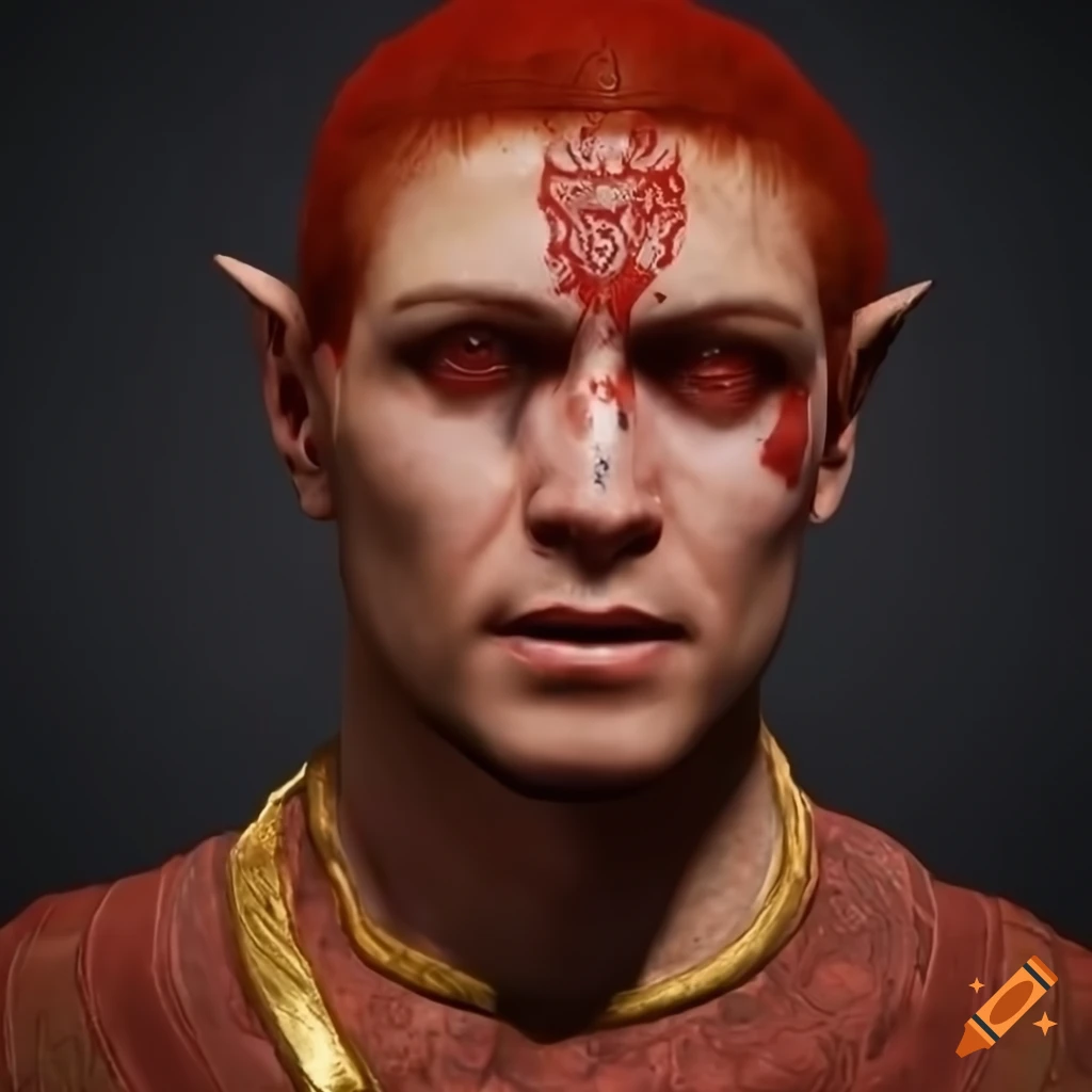 Portrait of red-haired elf religious man with golden trident-cross ...