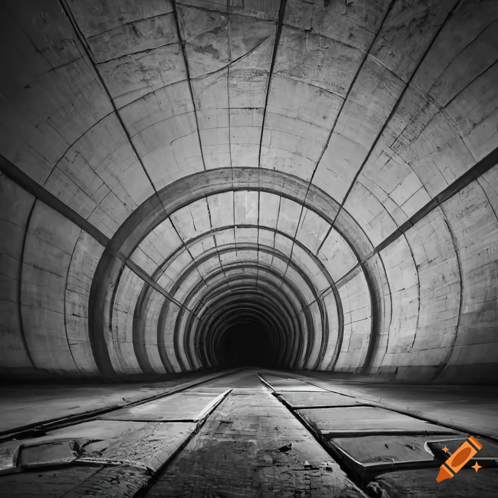 Giant tunnel made of concrete buildings in a monochrome setting on Craiyon