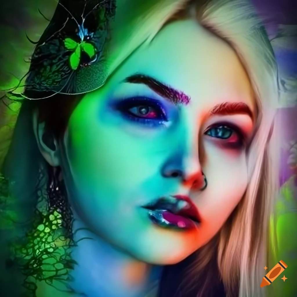 Vibrant and colorful gothic elements with a surreal woman's face in the ...