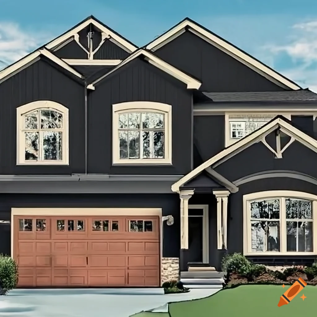 Black house with almond color exterior trim, windows, and garage doors ...