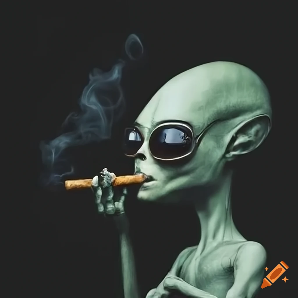 Cool alien with sunglasses smoking a cigar on Craiyon