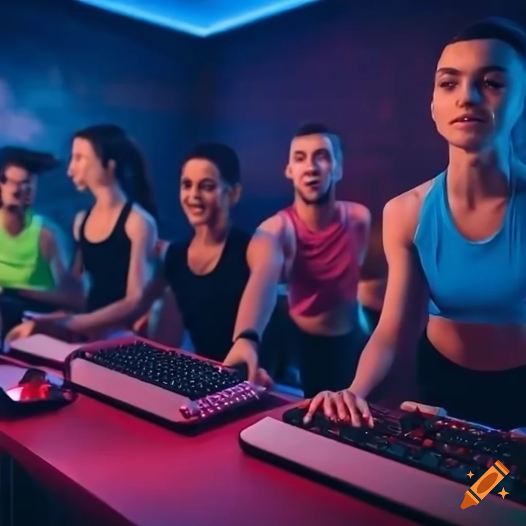 Four friends preparing for a friendly sports competition in the gym ...