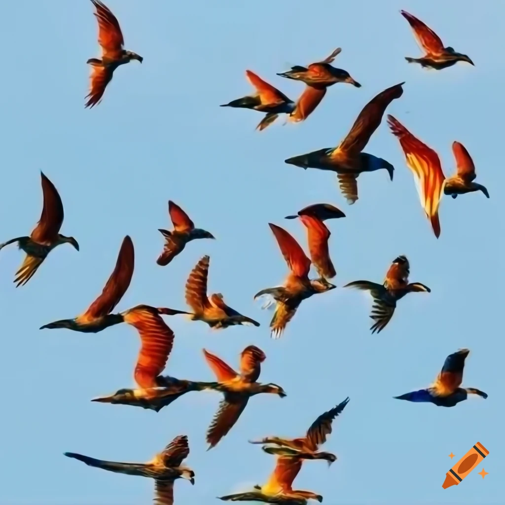 Large flock of colorful little birds flying against a white background ...