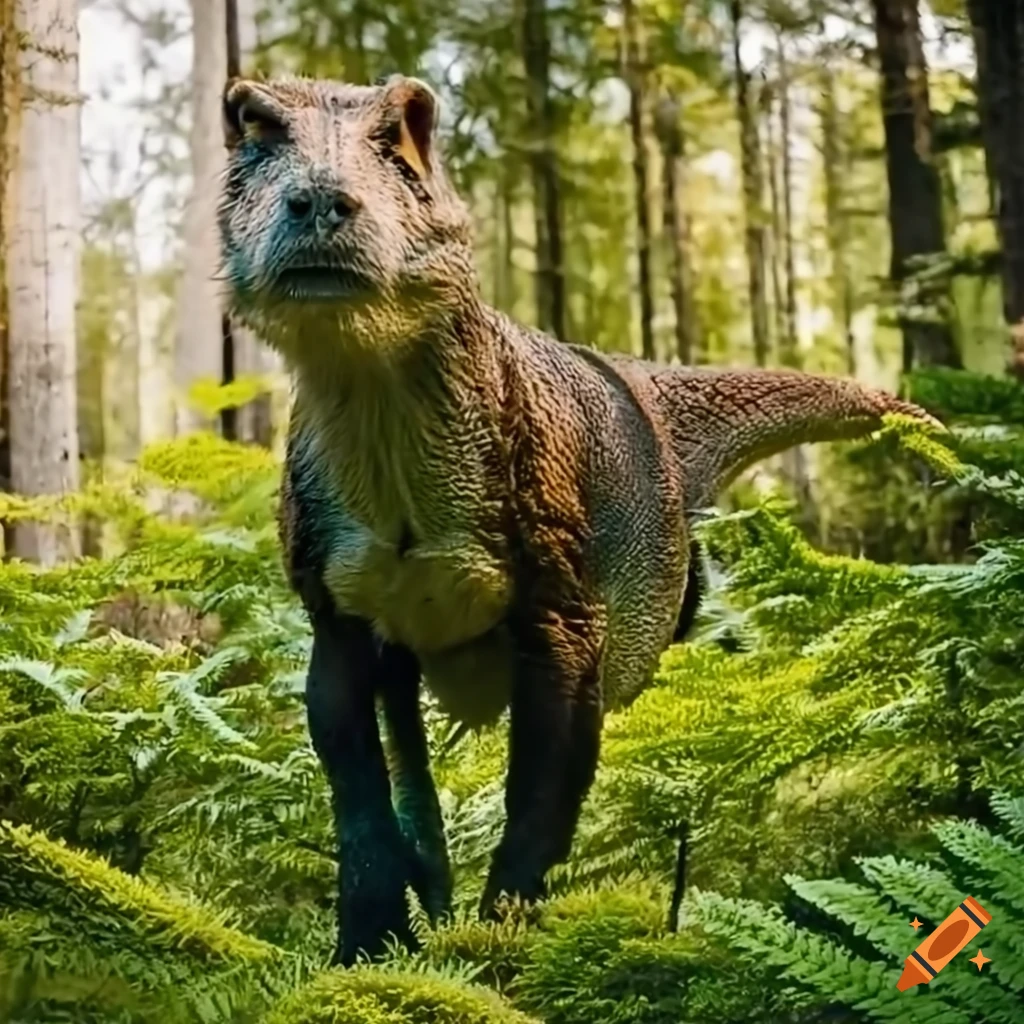Feathered t-rex with wolf color pattern in a british columbia forest ...