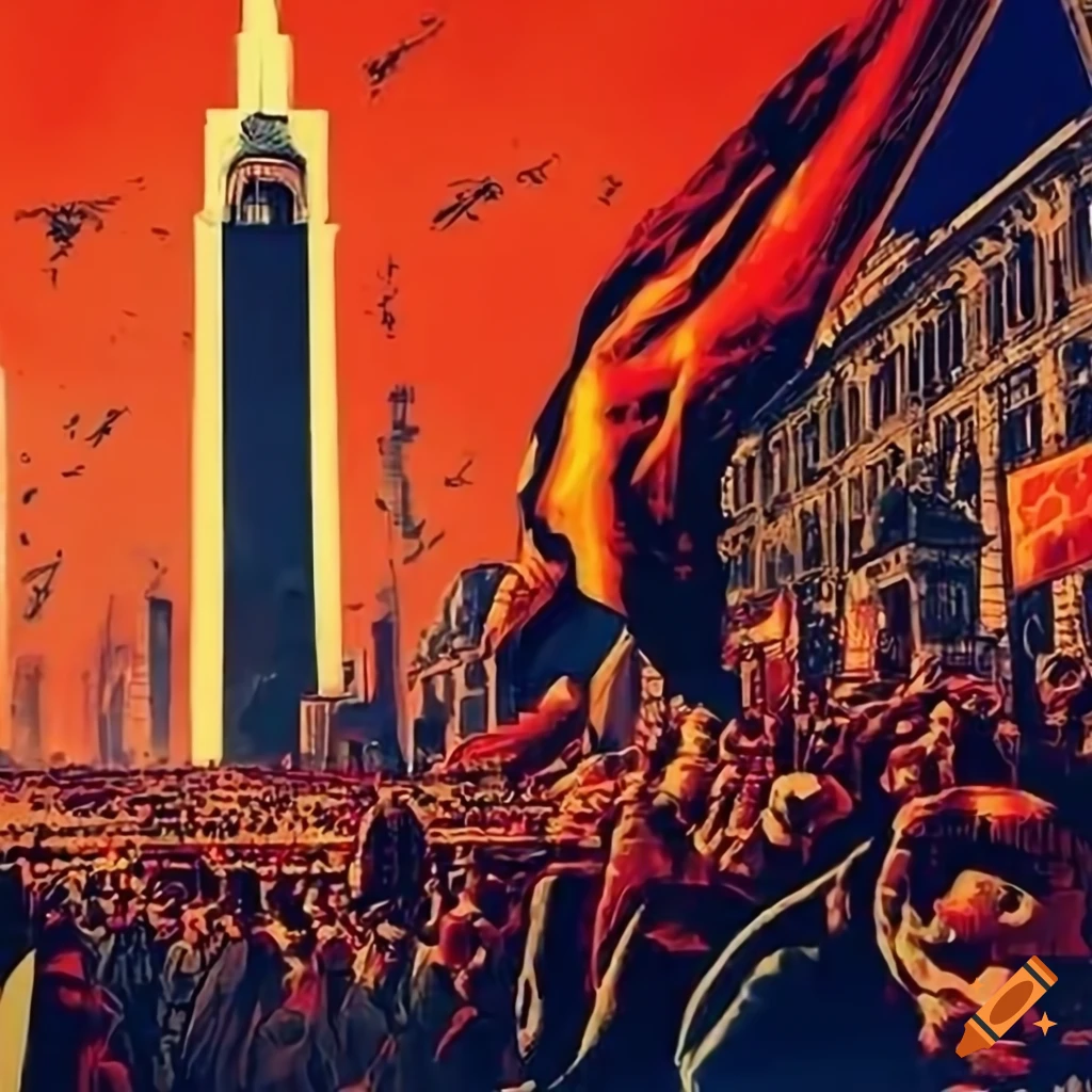 Giant manifestation in big city with soviet propaganda style, 4k wallpaper on Craiyon