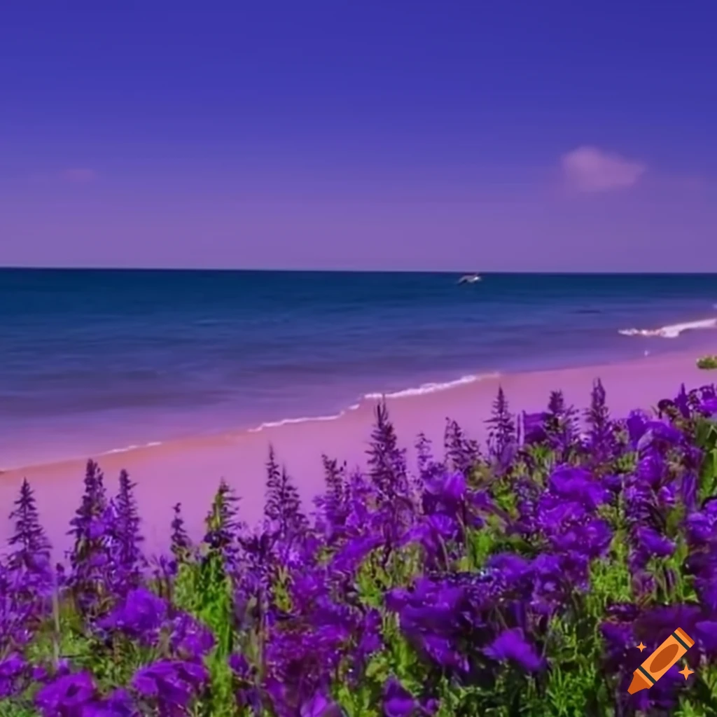 Purple beach scene with purple flowers on Craiyon