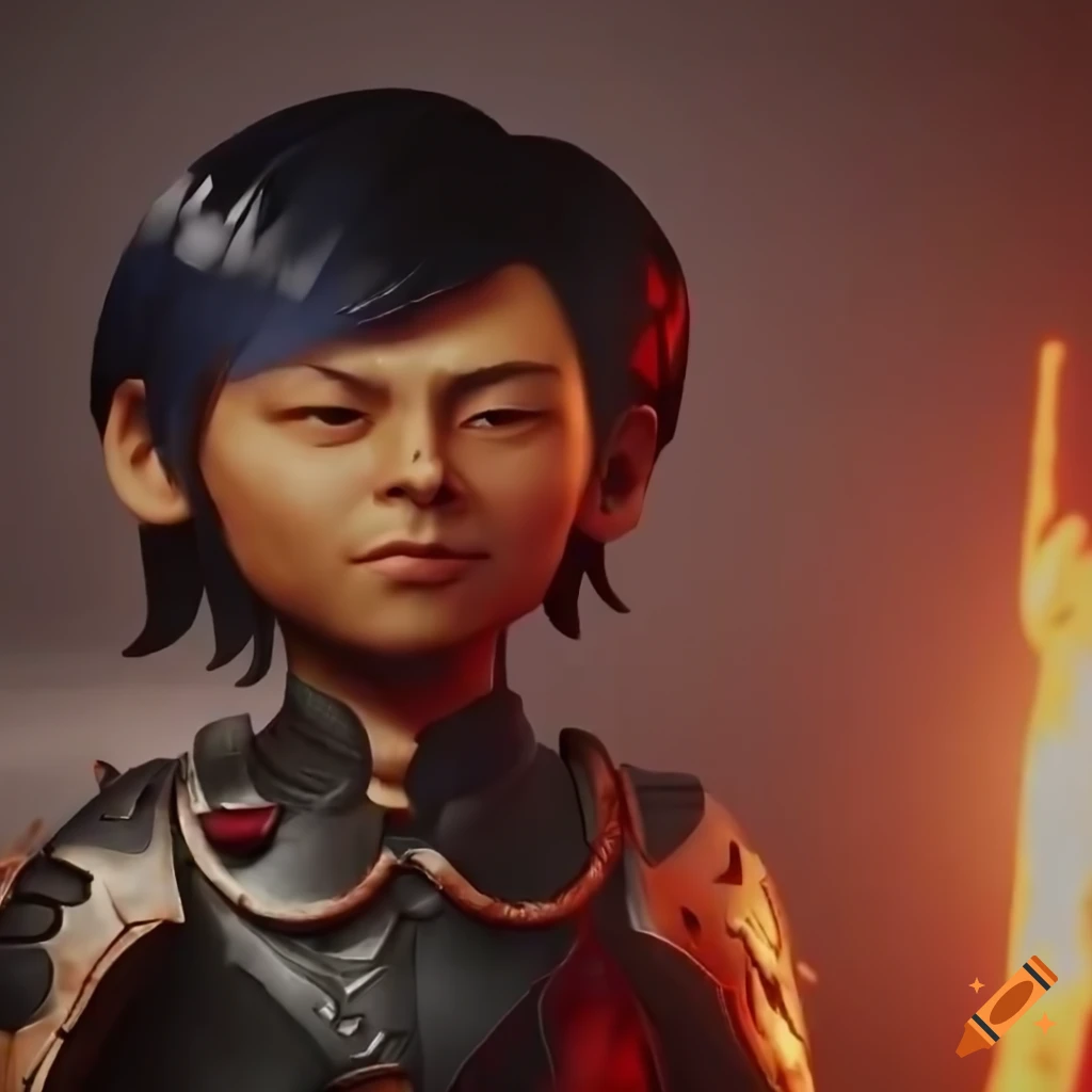 Portrait of Marcy Wu from Amphibia in black armor with a red-orange ...