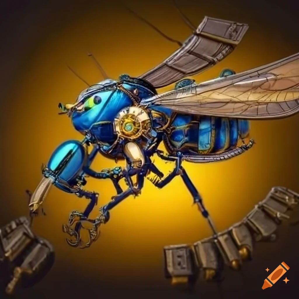 Steampunk flying robotic hornet in blue and yellow on Craiyon