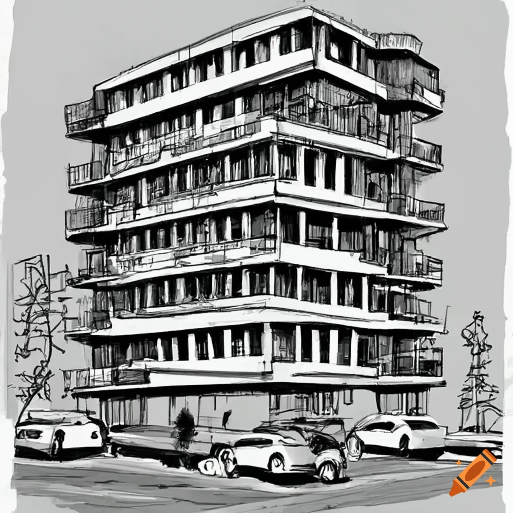 Modern 5-story building with balconies and underground parking on Craiyon