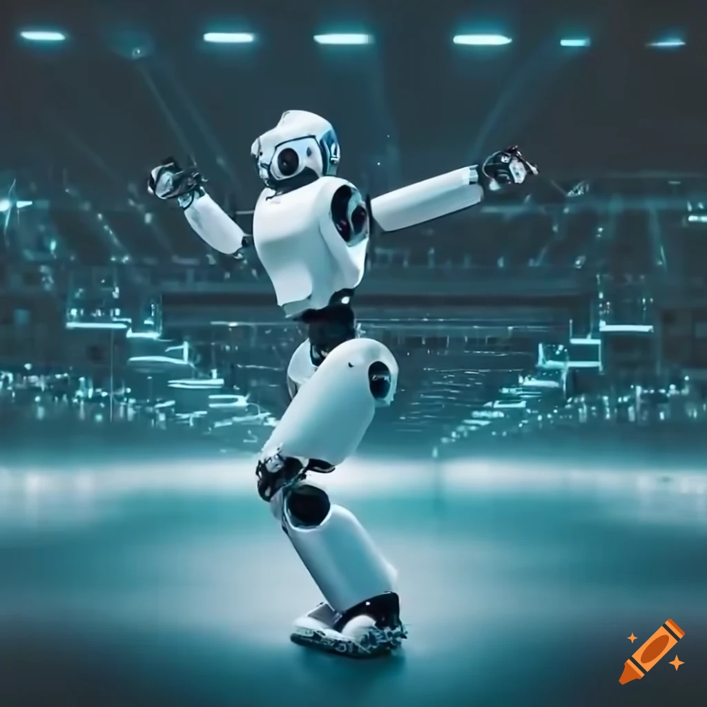 Humanoid robot break dancing on stage with blue and green lights, smoke ...